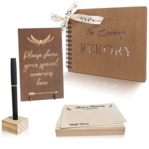 wonever wooden funeral guest book for memorial funeral service - in loving memory guest sign book set - celebration of life guestbook - included share a memory cards, table sign, pen