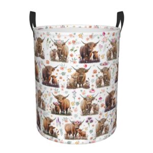 highland cow print laundry hamper large laundry basket foldable dirty clothes toys organizer bag with handles for bathroom,bedroom,college dorm