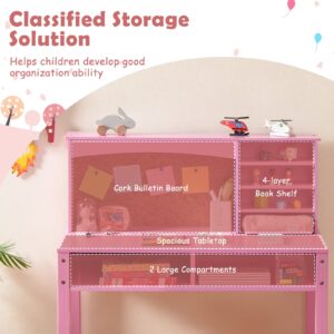 Costzon Kids Desk and Chair Set, Wooden Study Desk for Kids with Storage, Hutch, Cork Bulletin Board, Student Writing Computer Workstation, Kids Desk for Study Room, Bedroom, School, Pink