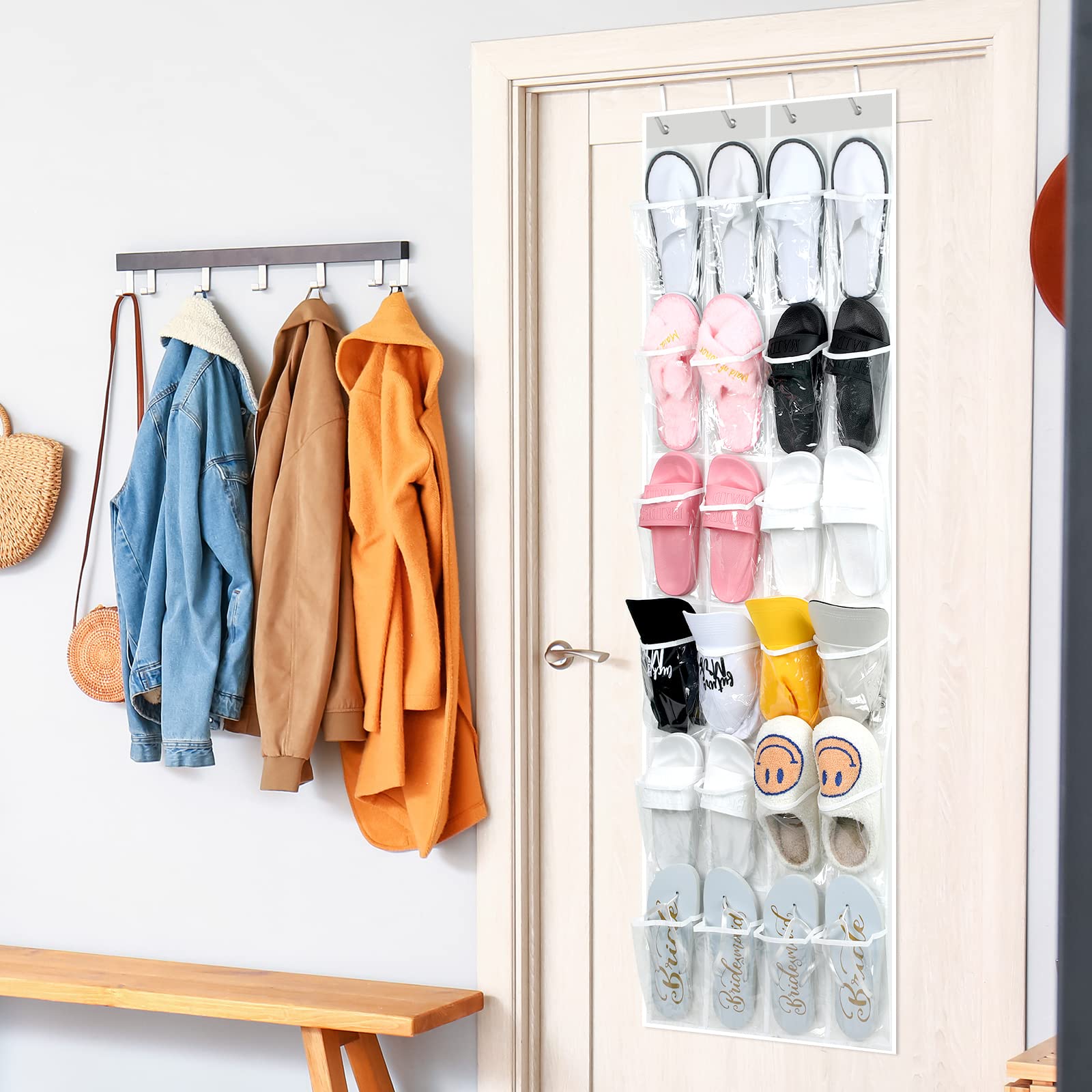 Windyun 24 Pockets Hanging Shoe Organizer Large Clear Pockets Over the Door Pantry Organizer Shoe Holder for Back of Door Hanging Shoe Bag for Closet Water Bottle Cellphone Calculator