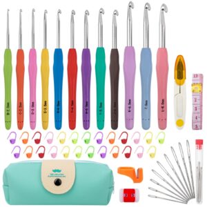 mecheer crochet hooks 12 sizes crochet hook set, 51 pack yarn crochet kit for beginners, knitting needles with ergonomic handles for arthritic hands, crochet needle kit with blue case for crocheters