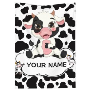 blyiukr personalized cow print blanket for baby kids with name, custom cow print stuff bedding decor sofa cow throw blankets for girls boys daughter christmas birthday gifts