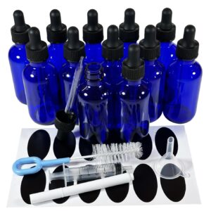 bioll 60ml (2 oz) glass dropper bottle.essential oil bottle with glass eye droppers.for lab chemicals,alcohol,sterilize water,perfumes bottles-12pack (blue)