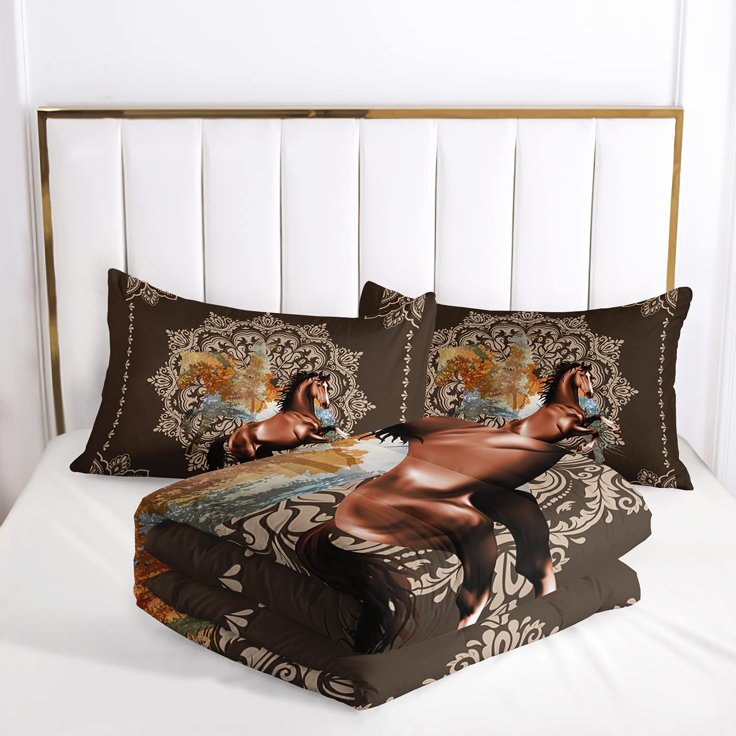 AILONEN Galloping Horse Comforter Set Queen Size, Bohemian Style Brown Running Horse Print Bedding Set,Nature Wildlife Theme Quilt Set for Teens Boys Girls 3Pcs(1 Comforter + 2 Pillowcases)