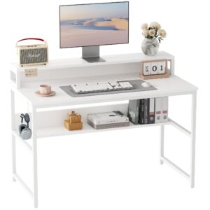 cubiker 47 inch computer desk with storage, home office desk with monitor stand and storage shelves, modern study writing desk, white