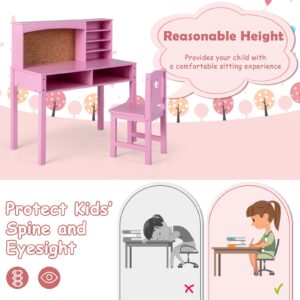 Costzon Kids Desk and Chair Set, Wooden Study Desk for Kids with Storage, Hutch, Cork Bulletin Board, Student Writing Computer Workstation, Kids Desk for Study Room, Bedroom, School, Pink