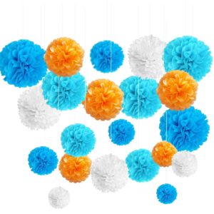 20pcs acqua blue,light blue,orange & white tissue paper pom poms set-ideal for birthday,bridal showers,wedding,baby shower party decorations (14",10",8",6)