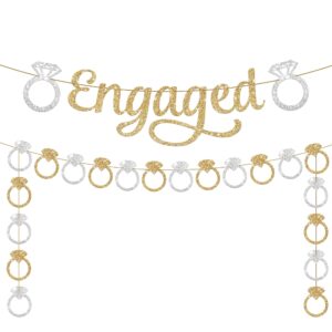 katchon, pre-strung gold and silver glitter engaged banner - 2 string, 10 feet, no diy | engagement party decorations | engagement banner for bachelorette party decorations, engagement decorations