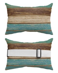 teal wood grain outdoor chaise lounge head resting pillows 2 pack, farm teal brown wooden board waterproof patio furniture pillow with insert adjustable elastic stripe for recliner beach chairs