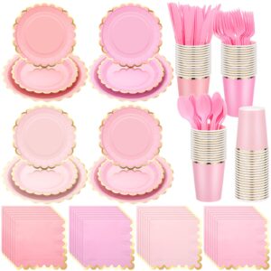 yaomiao 168 pcs disposable dinnerware set party supplies, scalloped paper plates cups napkin with gold foil plastic forks knives spoons serve 24 guests for birthday baby shower (pink,round)