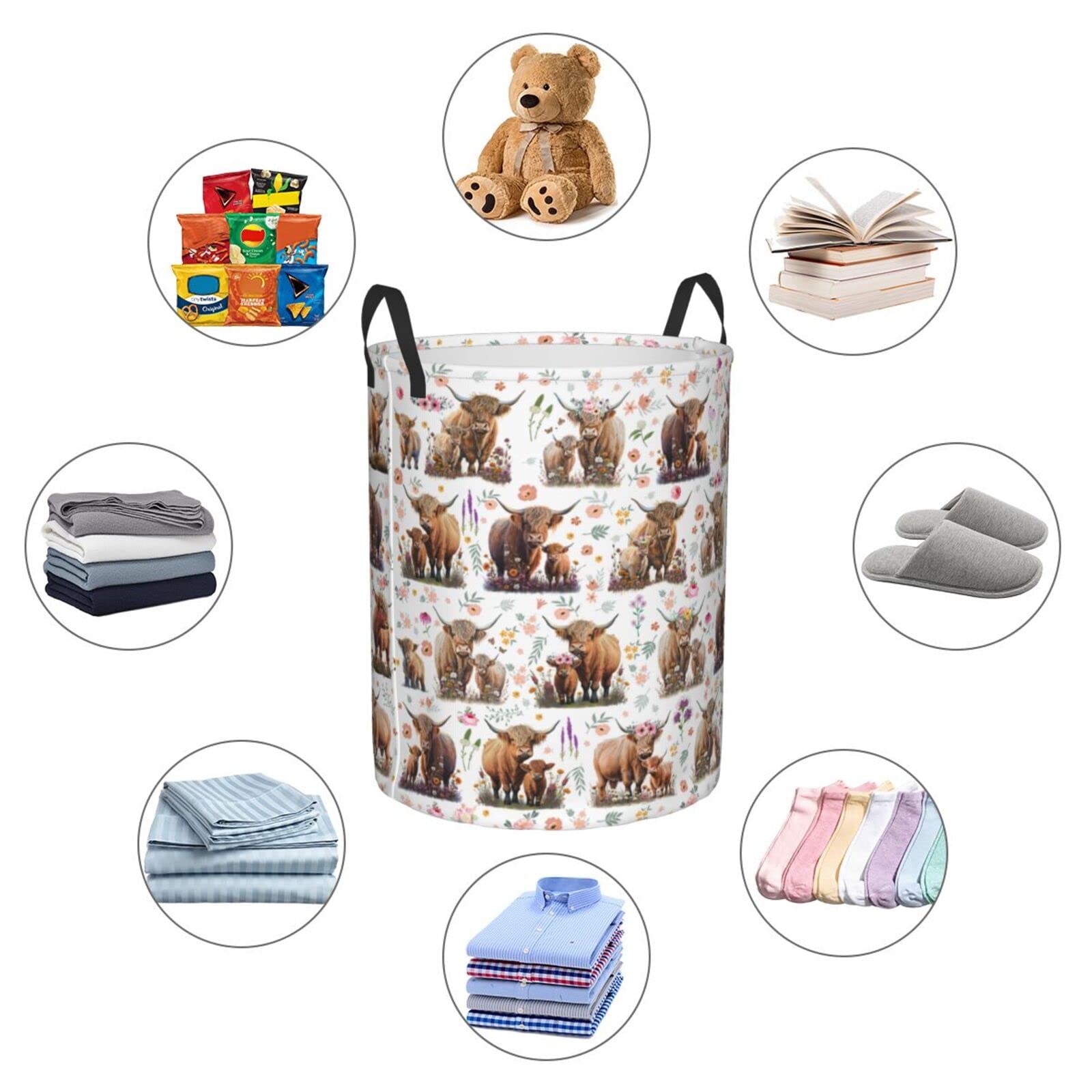 Highland Cow Print Laundry Hamper Large Laundry Basket Foldable Dirty Clothes Toys Organizer Bag With Handles For Bathroom,Bedroom,College Dorm