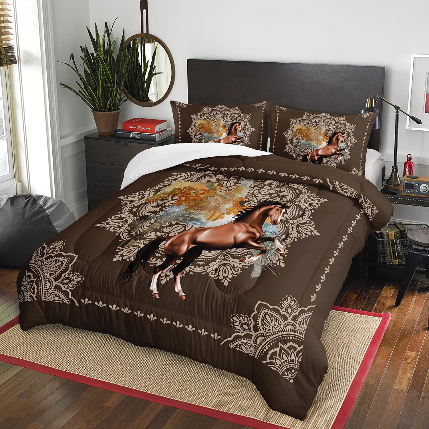 AILONEN Galloping Horse Comforter Set Queen Size, Bohemian Style Brown Running Horse Print Bedding Set,Nature Wildlife Theme Quilt Set for Teens Boys Girls 3Pcs(1 Comforter + 2 Pillowcases)