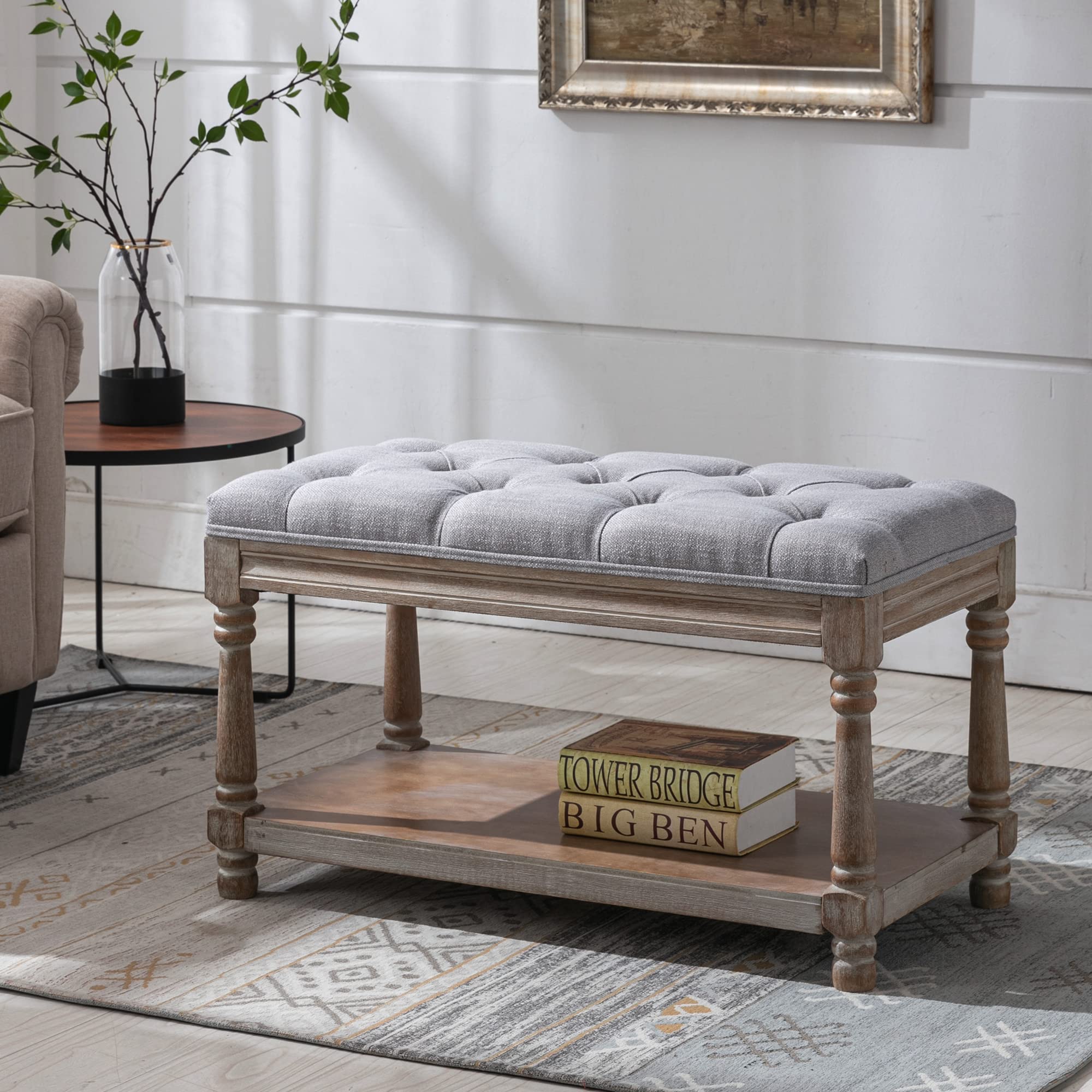 chairus Storage Bench 31.5" W Button Tufted Small Entryway Bench with Wooden Shoes Rack End of Bed Bench with Fabric Linen Upholstered Rectangular Seat for Bedroom Hallway Small Space, Grey