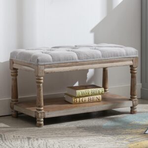 chairus storage bench 31.5" w button tufted small entryway bench with wooden shoes rack end of bed bench with fabric linen upholstered rectangular seat for bedroom hallway small space, grey