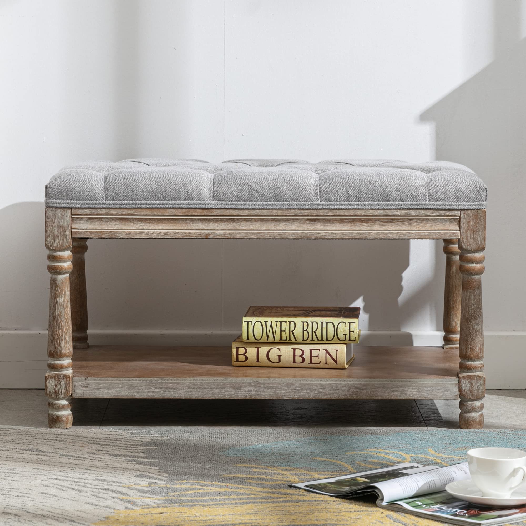 chairus Storage Bench 31.5" W Button Tufted Small Entryway Bench with Wooden Shoes Rack End of Bed Bench with Fabric Linen Upholstered Rectangular Seat for Bedroom Hallway Small Space, Grey