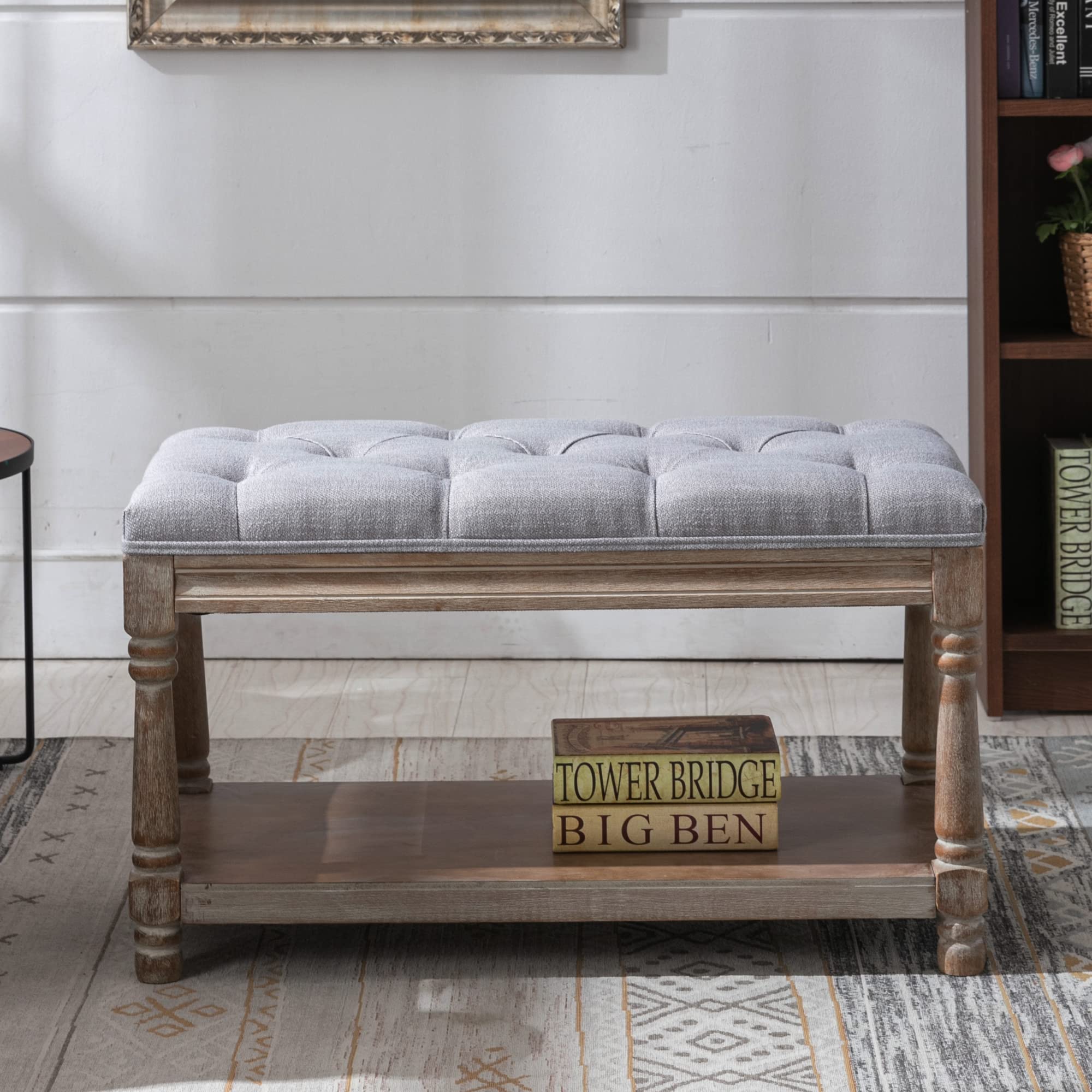 chairus Storage Bench 31.5" W Button Tufted Small Entryway Bench with Wooden Shoes Rack End of Bed Bench with Fabric Linen Upholstered Rectangular Seat for Bedroom Hallway Small Space, Grey