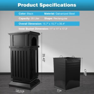 IRONWALLS Commercial Trash Can with Lid, Black Outdoor Garbage Can for Patio, Side Opening Steel Square Commercial Waste Bin, Decorative Trash Container with Removable Inner Bucket for Park, Garden