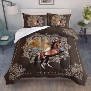 ailonen galloping horse comforter set queen size, bohemian style brown running horse print bedding set,nature wildlife theme quilt set for teens boys girls 3pcs(1 comforter + 2 pillowcases)