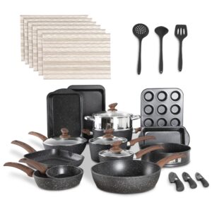 maison arts 30-piece pots and pans set - kitchen cookware & bakeware sets with nonstick granite coating, baking pans and frying pans set