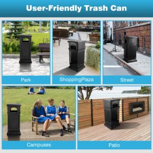 IRONWALLS Commercial Trash Can with Lid, Black Outdoor Garbage Can for Patio, Side Opening Steel Square Commercial Waste Bin, Decorative Trash Container with Removable Inner Bucket for Park, Garden