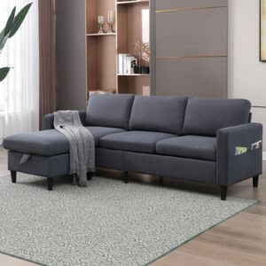 cecer 86" convertible sectional sofa couch, 3 seaters l shape sofa with movable ottoman and side pockets for storage, linen upholstered sofa for living room, apartment, small space - dark grey