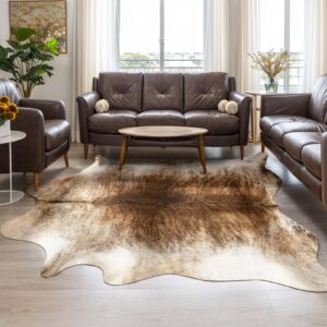 arogan western decor faux fur cowhide rug, 4.6 x 5.2 feet premium animal skin cow hide rug, sturdy cow print rugs for wall decor, western floor carpet for bedroom living room, brownish