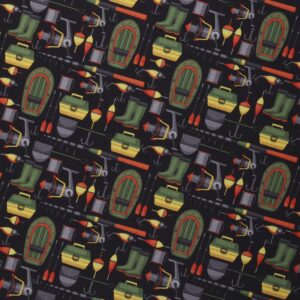 mook fabrics cotton fishing tackle, welly green cut by the yard