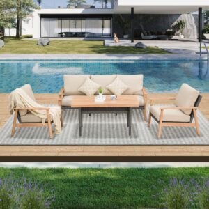 domi outdoor wicker patio furniture sets 4 pieces, all-weather aluminum rattan padded sofa patio conversation sets with 2 pillows for porch deck garden(khaki)