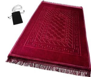 prayer rug muslim mat islamic - thick prayer rug sajadah for kids men women with islam prayer beads for eid travel ramadan, soft and luxury (red)