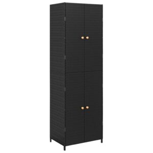 vidaxl black garden storage cabinet - durable poly rattan material, water-resistant design, features 4 compartments, with powder-coated steel frame and solid acacia wood knobs - 23.2x15.7x70.9 inches