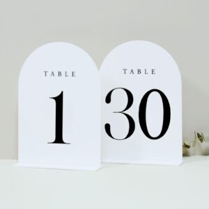 jinmury white arch acrylic table numbers 1-30 with stand, 5x7" white arch acrylic sign and holder wedding table numbers for reception, centerpiece, event (white, black font 1-30, 5x7 inch)