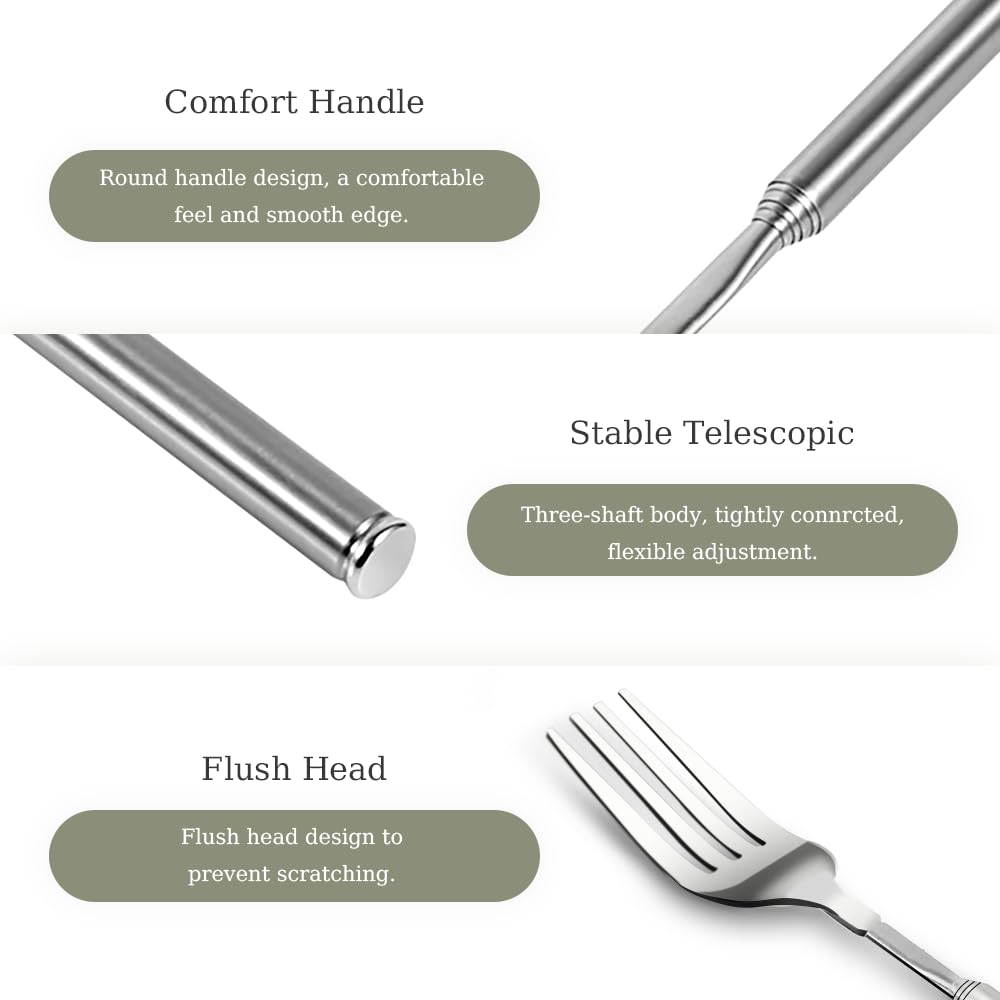 Haosie Extendable Fork, 8.7 to 25.4 Inch Long Fork, Telescopic Fork, Retractable Fork BBQ Dinner Fruit Dessert Extended Fork Sturdy and Durable Stainless Steel Tableware（1pcs）