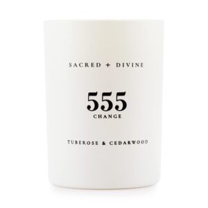 sacred + divine 555 "change scented intention candle, tuberose and cedarwood, angel number manifestation candle, soy coconut aromatherapy candle, 80 hour burn time, holiday gift-ready box