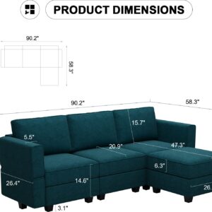 Belffin Small Sectional Sofa Modular L Shaped Couch 3 Seater Sectional Couch Convertible Chaise Ottoman with Storage Peacock Blue