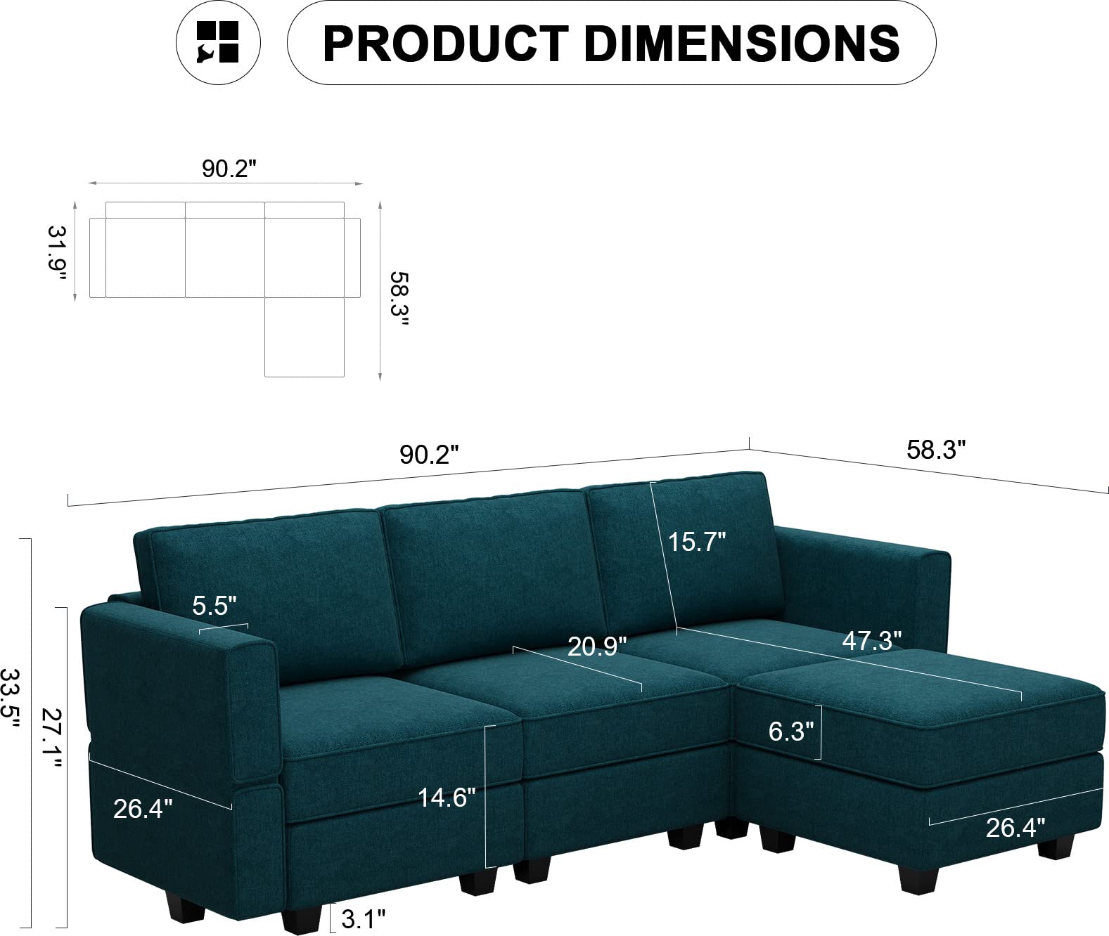 Belffin Small Sectional Sofa Modular L Shaped Couch 3 Seater Sectional Couch Convertible Chaise Ottoman with Storage Peacock Blue