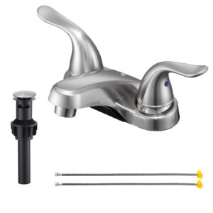 kpwater bathroom sink faucets 2/3 hole,brushed nickel dual handles 4 inch plastic plating over bathroom faucet with pop-up drain and 2 supply hoses for apartment rvs sink vanity