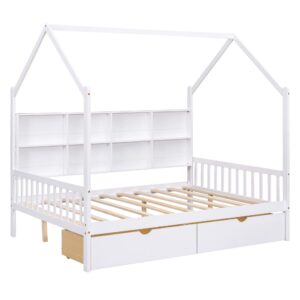 Merax Wood Full House Daybed with Drawers and Storage Shelf,Day Bed for Kids Boys Girls No Box Spring Needed White