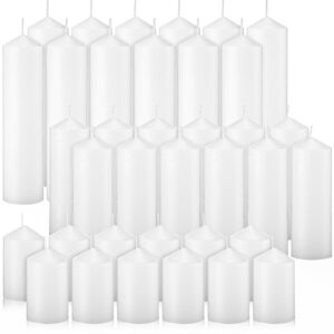 mtlee 36 pcs pillar candles bulk set of 3 long burning wax pillar candles 2 in x 3, 6, 8 inch dripless unscented smokeless candles for wedding party spa lantern fireplace home(white)