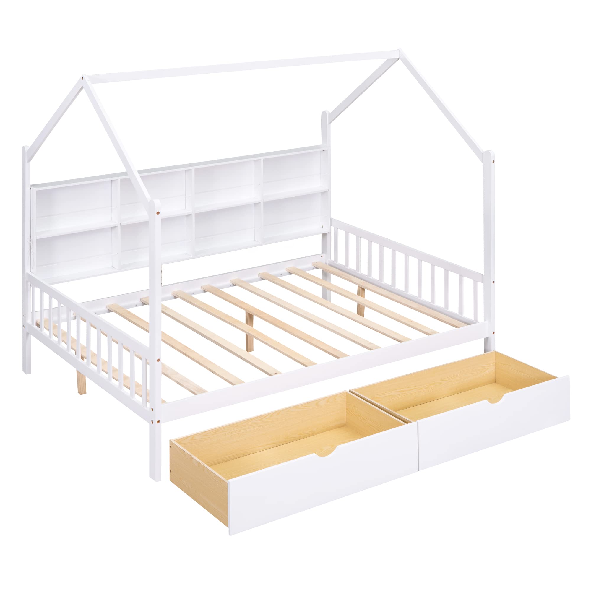 Merax Wood Full House Daybed with Drawers and Storage Shelf,Day Bed for Kids Boys Girls No Box Spring Needed White