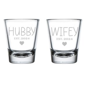 mip set of 2 shot glasses 1.75oz shot glass gift husband and wife wedding engagement for couple hubby & wifey