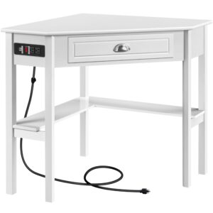 yaheetech l shaped corner computer desk with power outlets, reversible triangle workstation with usb ports and hook for small space, modern home office desk gaming table with drawer & shelf, white