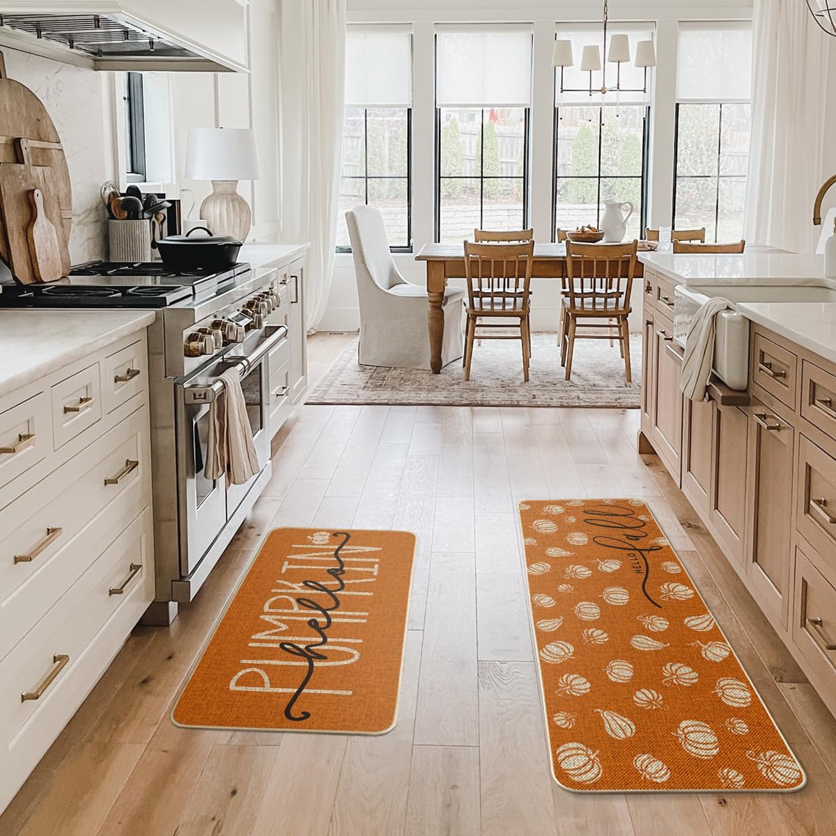 Artoid Mode Orange Hello Pumpkin Fall Kitchen Mats Set of 2, Autumn Home Decor Low-Profile Kitchen Rugs for Floor - 17x29 and 17x47 Inch