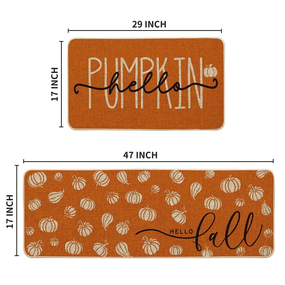 Artoid Mode Orange Hello Pumpkin Fall Kitchen Mats Set of 2, Autumn Home Decor Low-Profile Kitchen Rugs for Floor - 17x29 and 17x47 Inch