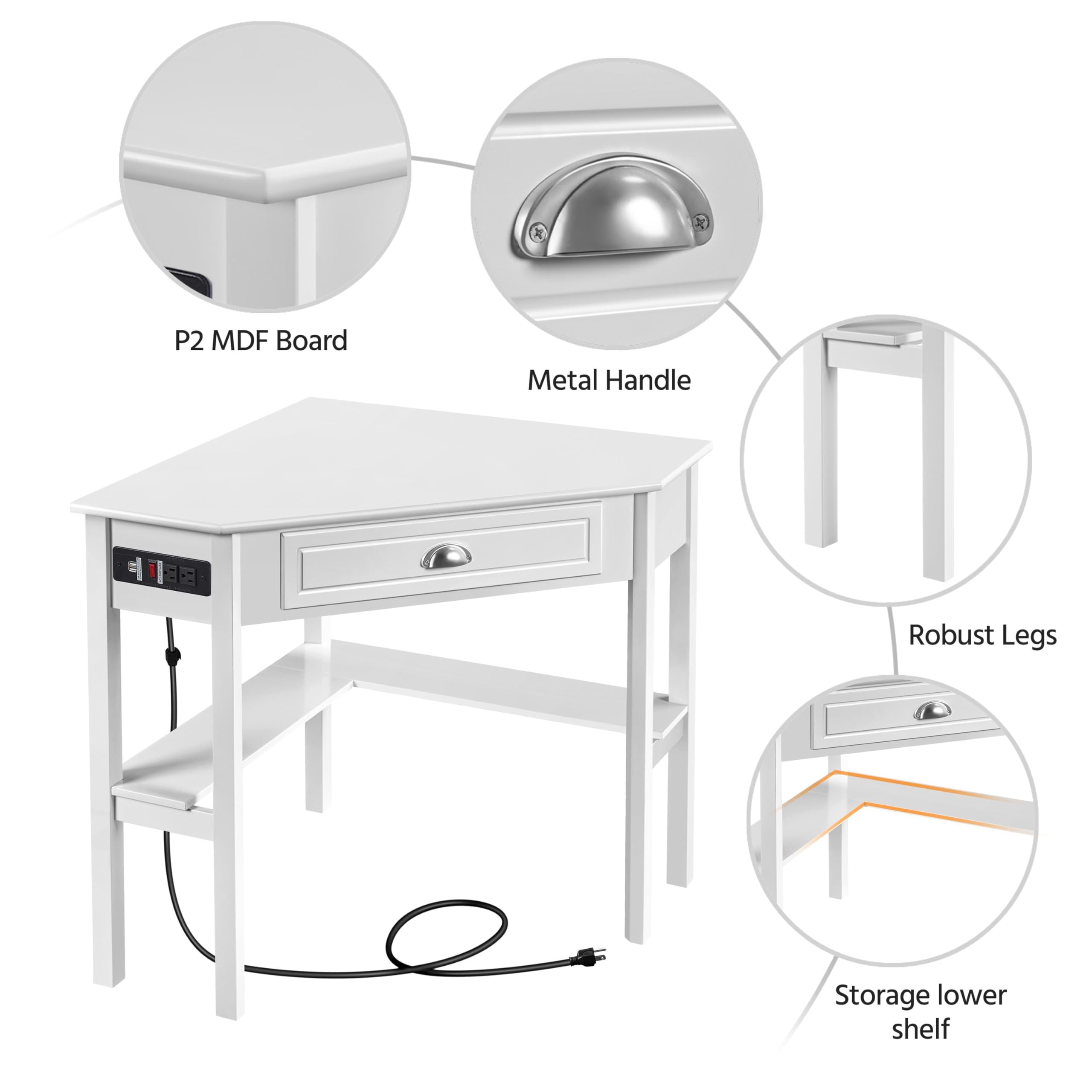 Yaheetech L Shaped Corner Computer Desk with Power Outlets, Reversible Triangle Workstation with USB Ports and Hook for Small Space, Modern Home Office Desk Gaming Table with Drawer & Shelf, White