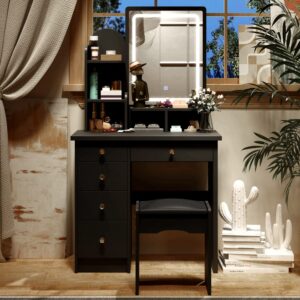 agoteni black vanity set with mirror, makeup vanity dressing table with lighted mirror, 5 drawers, shelves, dresser desk and cushioned stool set