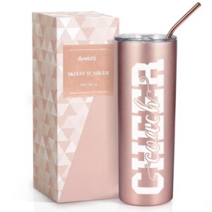 onebttl cheer coach gifts for women, her, female - cheer coach - 20oz/590ml stainless steel skinny insulated tumbler with straw, lid - gift for cheerleading or cheerleader coachs - (rose gold)