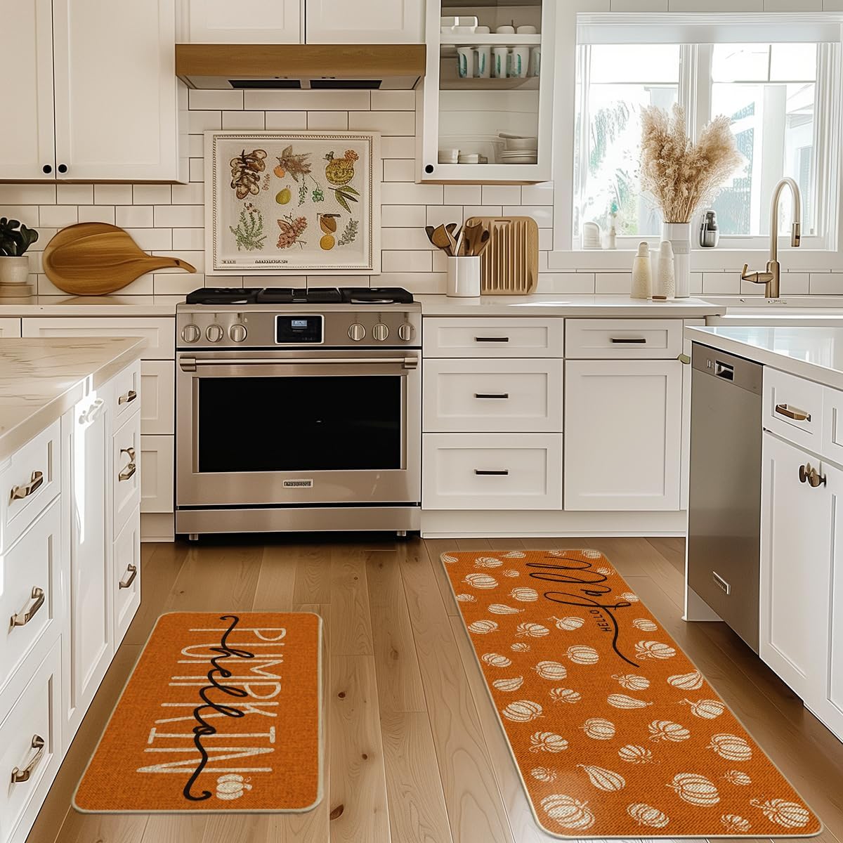 Artoid Mode Orange Hello Pumpkin Fall Kitchen Mats Set of 2, Autumn Home Decor Low-Profile Kitchen Rugs for Floor - 17x29 and 17x47 Inch