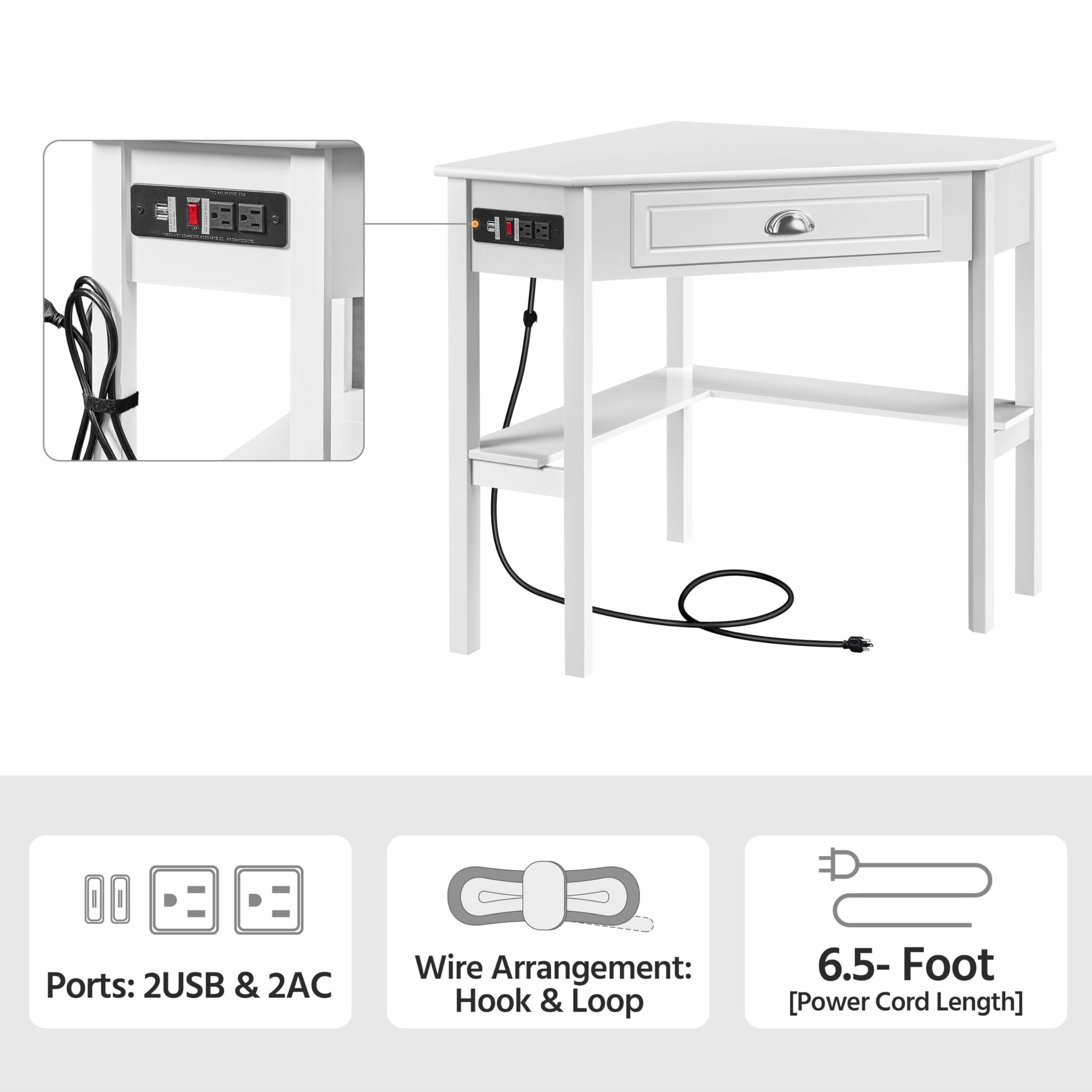 Yaheetech L Shaped Corner Computer Desk with Power Outlets, Reversible Triangle Workstation with USB Ports and Hook for Small Space, Modern Home Office Desk Gaming Table with Drawer & Shelf, White