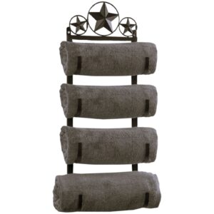 bestgiftever rustic metal star towel roll wall rack - farmhouse style towel rack for western bathroom decor, lodge and cabin decor, decorative wall rack for towels, ideal for country home owners