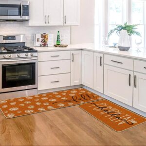 Artoid Mode Orange Hello Pumpkin Fall Kitchen Mats Set of 2, Autumn Home Decor Low-Profile Kitchen Rugs for Floor - 17x29 and 17x47 Inch